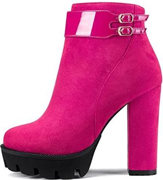 Castamere Femmes Bloc Chunky Plate-forme Haut High Talon Heel Fermé Rond Bout Bottines Fermeture à Glissière Classique Bottes Magenta Rouge 39 EU