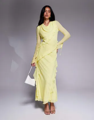Daska Robe longue &agrave; volants en mousseline - Citron-Jaune