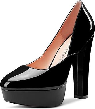 Castamere Femmes Haut High Talon Heel Bloc Chunky Plate-Forme Rond Bout Slip-on Escarpins Classique Cute Dress 13 CM Heels Chaussures Noir 38 EU