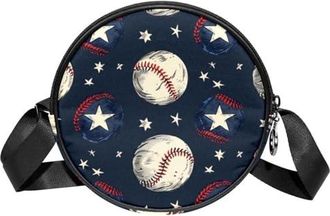Generic Petit sac &agrave; bandouli&egrave;re circulaire pour femme, motif &eacute;toiles de baseball, sac &agrave; dos avec fermeture &eacute;clair, bretelles r&eacute;glables, sac &agrave; main rond d&eacute;cont