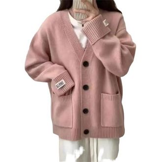 Generic Cardigan r&eacute;tro en tricot pour femme, style cor&eacute;en, avec poches plaqu&eacute;es, veste douce pour lhiver, Rose, taille unique