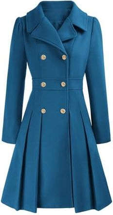Generic Caban à double boutonnage pour femme - Coupe trapèze - Mode dhiver - Revers cranté - Slim évasé - Mélange de laine plissée - Trench avec poches, bleu 