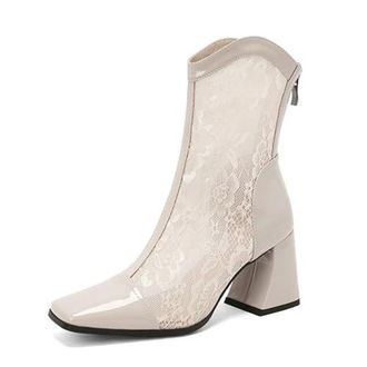 Generic Bottines tendance en maille et dentelle florale &agrave; bout carr&eacute; et talons hauts pour femme, chaussures d&eacute;contract&eacute;es pour f&ecirc;te de mariage, abricot, 40.5 