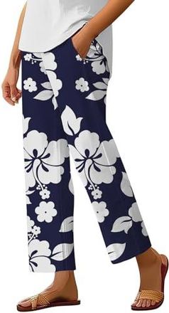 Generic Robe boh&egrave;me d&eacute;contract&eacute;e pour femme - Imprim&eacute; floral - Pantalon en lin &agrave; rayures - Taille &eacute;lastique - Cordon de serrage - Pour l&eacute;t&eacute;, le printemps, la 
