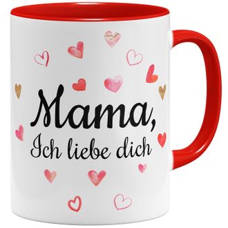 OM3 Liebevolle Kaffee-Tasse mit Spruch - Mama ich liebe dich - Keramik Becher - 325ml - Beidseitig Bedruckt - Rot