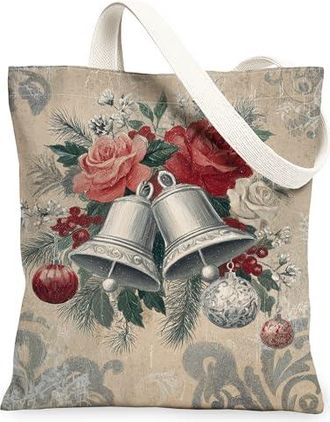 Generic Sacs fourre-tout en toile &agrave; motif floral de No&euml;l, sacs d&eacute;picerie r&eacute;utilisables, l&eacute;gers et lavables avec bandouli&egrave;re pour Hol, Rouge, 13x15 Inch