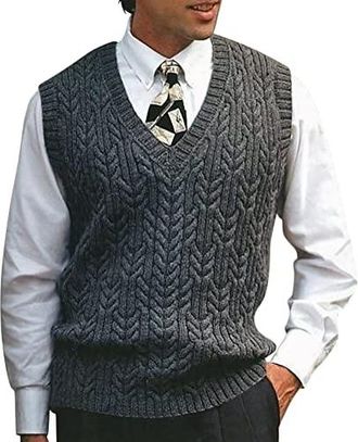 ORANDESIGNE Pull Homme sans Manches Col en V Tricot Sweat Tricoté Chaud Gilet Hiver Pullover Classique Décontracté Knit Sweater Jumper Débardeur Vest Chandail Gri