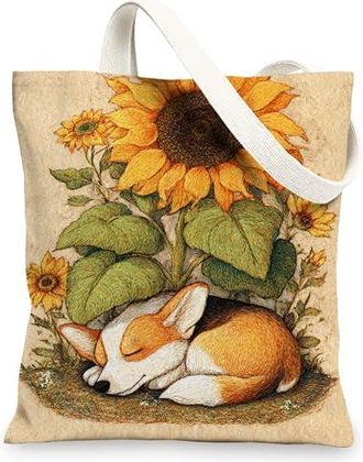 Generic Sacs fourre-tout en toile de tournesol, adorable motif animal corgi, sacs de courses réutilisables, style rustique, léger et lavable, sacs en toile po
