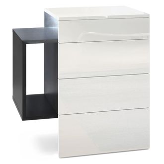 Vladon Nachttisch Queens, Made in Germany, Nachttischschrank mit 2 Schubladen und 1 seitlichem Fach zur Wandmontage, Schwarz matt/Wei&szlig; Hochglanz, inkl. LED U