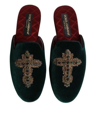 Dolce & Gabbana Mens Green Velvet Cross Embellished Slippers Shoes