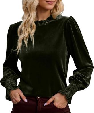 Generico Chemisier d&eacute;contract&eacute; en velours &eacute;l&eacute;gant pour femme, chemisier &eacute;l&eacute;gant en mousseline de soie unie avec col roul&eacute; et manches bouffantes avec volants, c