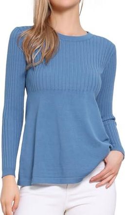 Allegra K Pulls Femmes Style P&eacute;plum &agrave; Manches Longues Blouse en Tricot Col Ras du Cou D&eacute;contract&eacute;e Coupe Ample Extensible &Eacute;l&eacute;gante Bleu XS