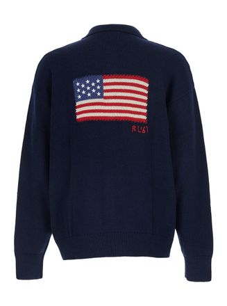Polo Ralph Lauren Mens Sweater With Polo Collar, Blue Cotton Top