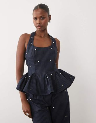 Asos Top corset densemble &agrave; basque et perles - Bleu marine &agrave; rayures fines-Multi