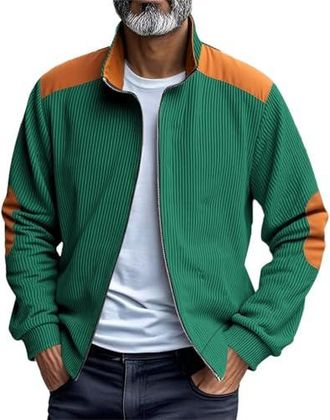 Generic Veste en velours c&ocirc;tel&eacute; pour homme avec col montant patchwork vintage - Veste de loisirs en coton l&eacute;ger - Sans capuche - Avec fermeture &eacute;clair, vert m