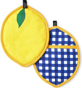 Kate Spade New York Topflappen, Motiv: Zitronenparty und Frühling, Gingham-Muster, hitzebeständig, 100% Baumwolle, Marineblau/Gelb, 17,8 x 25,4 cm, 2 Stück