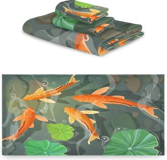 BEUSS Karpfen Koi Fische Handtuchset für Badezimmer 100% Baumwolle(1 Badetuch & 1 Handtuch & 1 Waschlappen) Geruchsresistente hochsaugfähige Handtücher für 