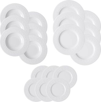 Villeroy & Boch Cellini Teller-Set 18-teilig, jeweils 6 Speiseteller Brotteller und Suppenteller, Traditionelles Kombiservice mit Relief-Verzierungen, Premium Porzell