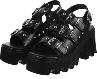 UPKOCH Sandales Femmes &agrave; Talon &Eacute;pais Style Romain Punk avec Rivets Semelle Plateforme Antid&eacute;rapante Design Mode Noir Confort Longue Dur&eacute;e