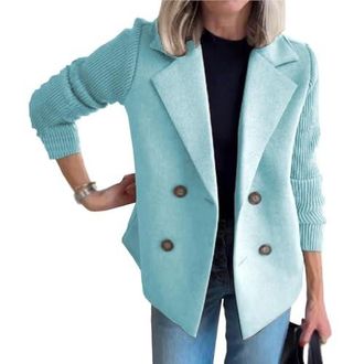 Generic Manteau d&eacute;contract&eacute; &agrave; manches patchwork en tricot &agrave; revers pour femme, nouveau caban 2025 &agrave; double boutonnage, bleu clair, 4XL