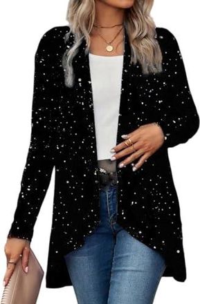 Generic Cardigan &agrave; paillettes pour femme - Veste ample &agrave; paillettes scintillantes &agrave; manches longues - Coupe ample ouverte sur le devant, Noir, 3XL