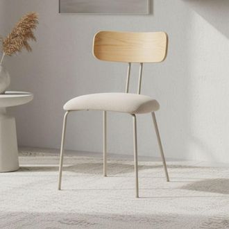 M&S Collection Chaise repas 43x51x77 cm en tissu beige, ch&ecirc;ne et m&eacute;tal cr&egrave;me