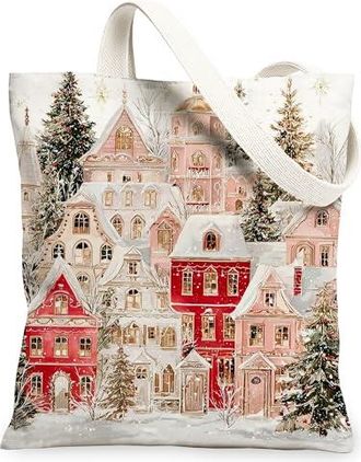Generic Sacs fourre-tout en toile pour maison de No&euml;l, motif village dhiver vintage, sacs d&eacute;picerie r&eacute;utilisables, l&eacute;gers et lavables avec bandouli&egrave;re, Rouge,