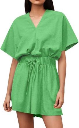 Generic Combinaison d&eacute;t&eacute; pour femme avec col en V et manches courtes - Taille smock&eacute;e - Jambe droite - Combinaison d&eacute;t&eacute; - Grenouill&egrave;re - Tenue de vacances de 