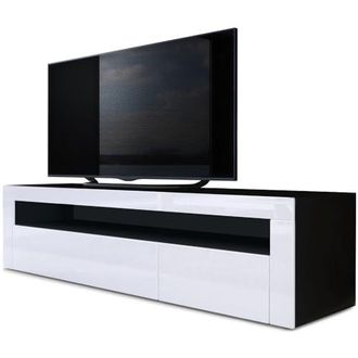 Vladon Buffet Bas Valencia, Meuble TV avec 1 Compartiment Ouvert et 2 clapets, Noir Mat/Blanc Haute Brillance/Blanc Haute Brillance (155 x 46 x 40 cm)