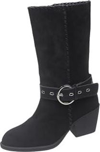 Generic Bottes de cowboy larges en daim synth&eacute;tique pour femme - Bout pointu - Boucle &eacute;l&eacute;gante - Talon bloc - Bottes mi-mollet &agrave; enfiler - Bottes mi-mollet, N