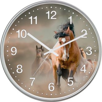 Eurotime Quarzwanduhr, 30 cm, Kunststoffgehäuse Silber, Echtglasabdeckung, klares 12-Zahlen Zifferblatt mit Pferdemotiv, geräuscharmes Uhrwerk, kein Ticken, Wa