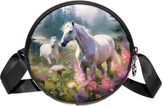 Generic Sac &agrave; bandouli&egrave;re rond pour femme, motif cheval et fleurs, petit sac &agrave; dos &agrave; bandouli&egrave;re avec fermeture &eacute;clair, bretelles r&eacute;glables, sac &agrave; main rond d