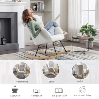 tidyard Mid Century Moderner Schaukelstuhl, gepolsterte Sitzfl&auml;che, getufteter Bezug, wei&szlig;, f&uuml;r Wohnzimmer und Schlafzimmer