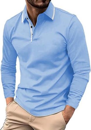 Generic Polo à manches longues pour homme - Grand polo de golf respirant - Col boutonné - T-shirt de sport et de tennis, bleu ciel, XL