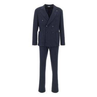 Manuel Ritz Homme, Costumes, Bleu, Taille: S Costume Prince de Galles Double Boutonnage