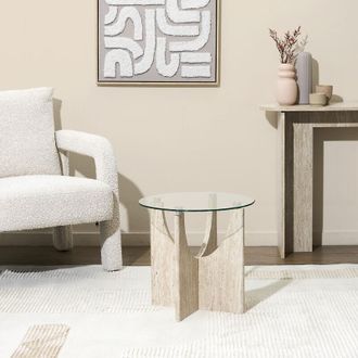 The Home Deco Factory Table Dappoint - Home Deco Factory - Pietra - Ronde - Verre - Blanc Et Beige