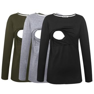 Smallshow Damen Still-Tops Bequemes Langarm Stillen T-Shirt X-Large Armee-Gr&uuml;n/Schwarz/Grau (Baumwolle)