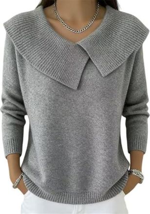 Generic Pull en tricot &agrave; col pour femme - Style r&eacute;tro - Couleur unie - Pull tricot&eacute; &agrave; col - D&eacute;contract&eacute; - Doux, gris, XXL-6XL