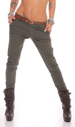 Fashion4Young 10777 Damen Skinny Chino Pant Hautenge Treggings Stretch-Stoff Damenhose mit G&uuml;rtel (XL=42, Khaki)