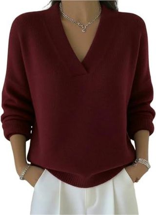 Generic QXDZSW Pull en tricot Top Pull Femme Top Manches Longues Couleur unie Col V Quotidien Multicolore R&eacute;seau Celebrity, bordeaux, XXL