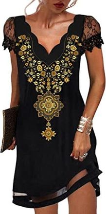 Onsoyours Robe en Dentelle Femme Manches Courtes &Eacute;vider Robe Ample D&eacute;contract&eacute;e Sexy Col en V Dress Robes De Cocktail Party Soir&eacute;e 12 Noir XL