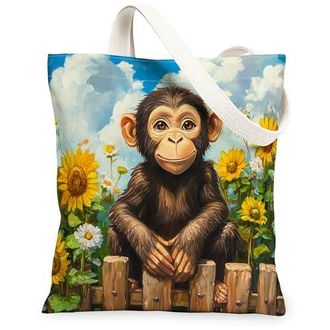 Generic Sac fourre-tout en toile de singe printanier pour faire du shopping, 33 x 38,1 cm, motif tournesol, cl&ocirc;ture animali&egrave;re, sac d&eacute;picerie r&eacute;utilisable, sa