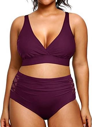 Yonique Womens Plus Size Bikini High Waisted Swimsuits Two Piece Bathing Suits Tummy Control Swimwear Purple 22Plus