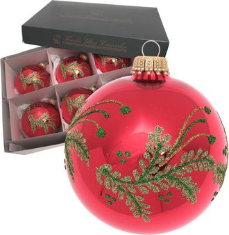 Krebs Glas Lauscha Weihnachtsdekoration/Christbaumschmuck aus Glas - Kugeln mit Zweigen - Farbe: Rot Glanz - Menge: 6 Stück - Größe: ca. 8 cm