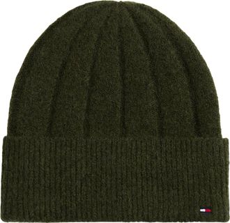 Tommy Hilfiger Damen Strickmütze Flag Fluffy Beanie, Grün (Huntsman Green), Einheitsgröße
