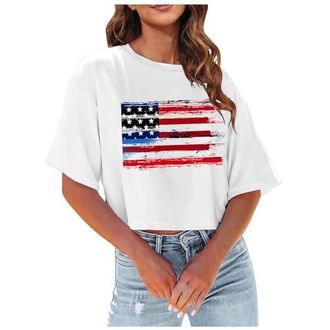 Generic Hauts courts d&eacute;contract&eacute;s pour femmes &agrave; col rond 2025 coupe ample T-shirt court mignon patriotique demi-chemises &agrave; manches courtes pour femme T-shirts