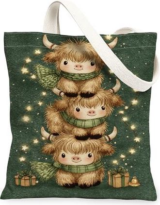 Generic Sacs fourre-tout en toile avec motif animal mignon, motif b&eacute;tail des Highlands, sacs d&eacute;picerie r&eacute;utilisables, vert dhiver, l&eacute;gers, lavables &agrave; l&eacute;paule 