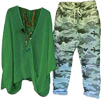 Onsoyours Ensemble de V&ecirc;tements 2 Pi&egrave;ces Femme D&eacute;t&eacute; Imprim&eacute; Floral T-Shirt Manches 3/4 + Pantalon Large Taille Haute Party DInt&eacute;rieur Jogging C Vert 3XL