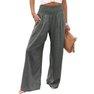 Generic Pantalon Palazzo &agrave; taille smock&eacute;e pour femmes, jambes larges, tenue d&eacute;t&eacute; fluide pour la plage, le salon de plage, les voyages et les vacances, gris, 3