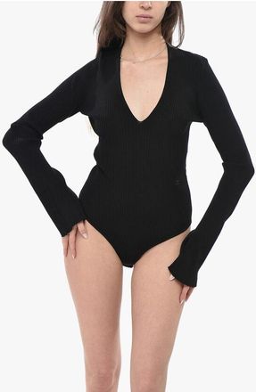 Courr&egrave;ges Ribbed Fabric V-Neck Bodysuit size L